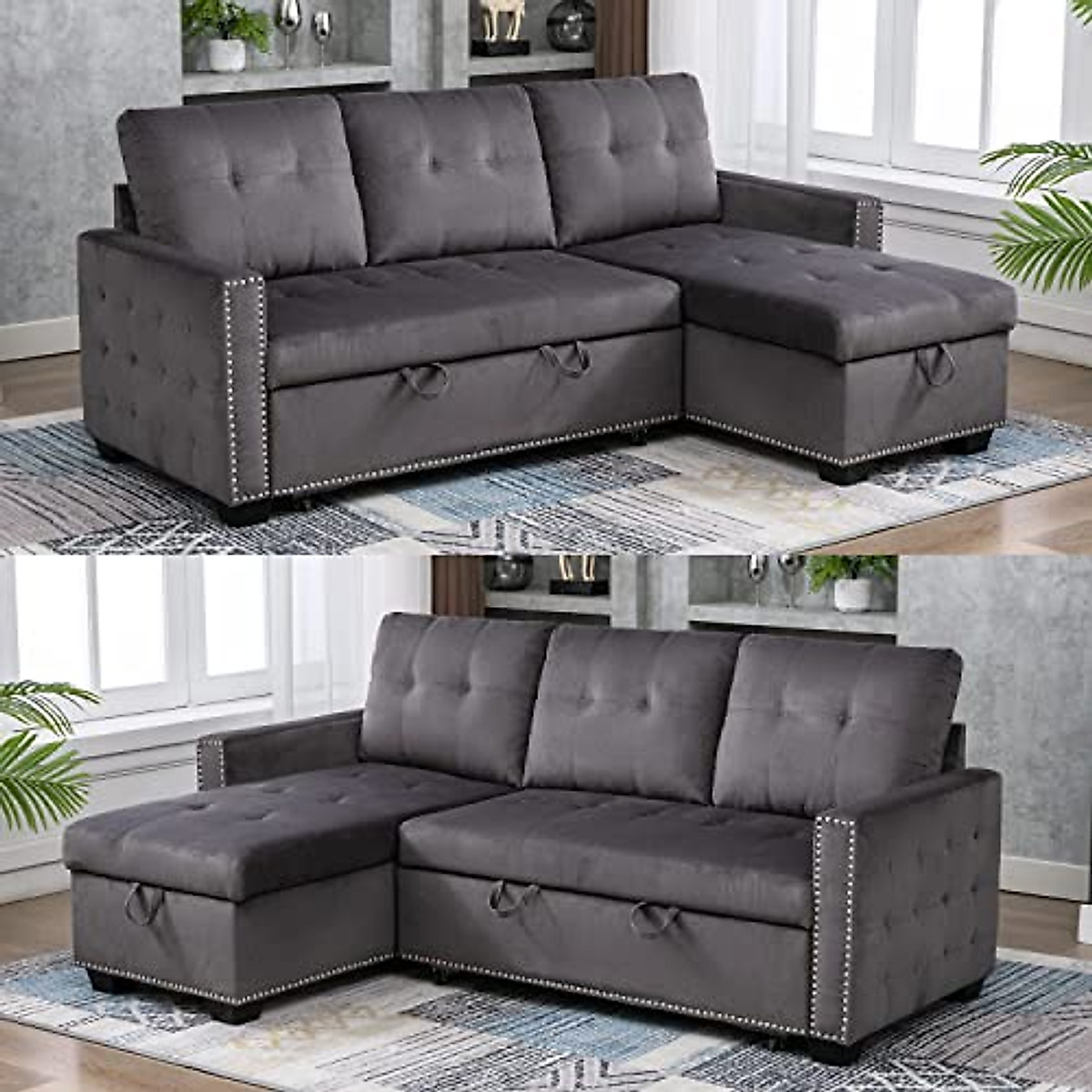 HABITRIO Sectional Sofa with Reversible Storage Lounge Chaise, 77" Modern L-Shape Corner Couch w/Roll-Out Sleeper Bed, Velvet Upholstered Nail Head Trim Seating Furniture for Living Room, Office