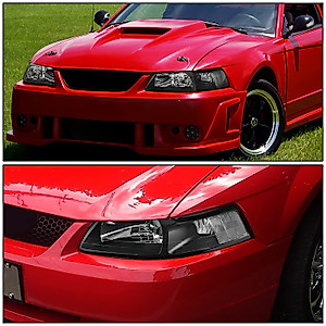 Auto Dynasty Factory Style Halogen Headlights Assembly Headlamp Kit Compatible with Ford Mustang 1999-2004 New Edge 4th Gen, Pair, Black Housing, Clear Lens