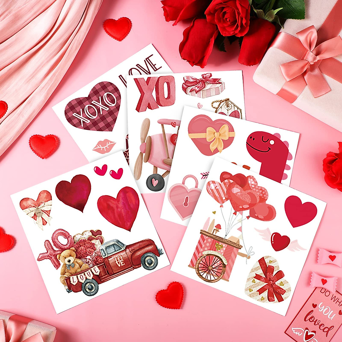 105 Pcs Valentine's Day Rub on Transfers Decor Stickers Transfers for Furniture Floral Scrapbook Stickers Iron on Transfers Decal Sticker for DIY Crafts Paper Wood Design, 5.9 x 5.9 Inch