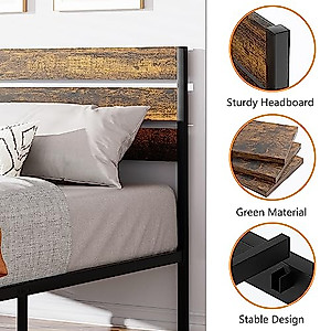 Walsunny Queen Size Bed Frame with Rustic Vintage Wood Headboard and Footboard, Strong Metal Slats Support, Under Bed Storage, Easy to Install, Sturdy and Stable, No Box Spring Needed