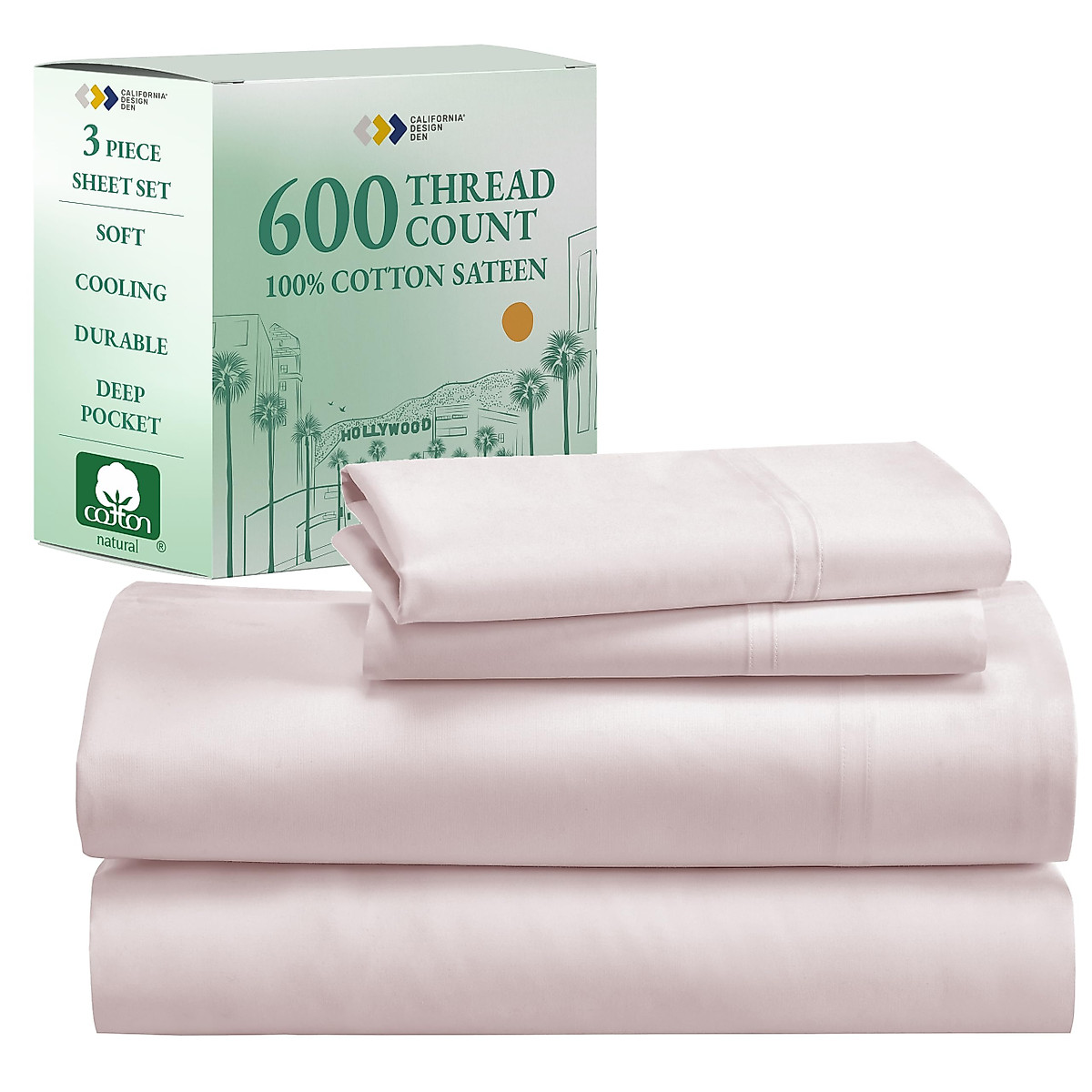 California Design Den 5-Star Hotel-Quality Twin Bed Sheets Cotton, 100% Cotton Sheet Set - 600 Thread Count Sateen with Deep Pockets (Blush Pink)