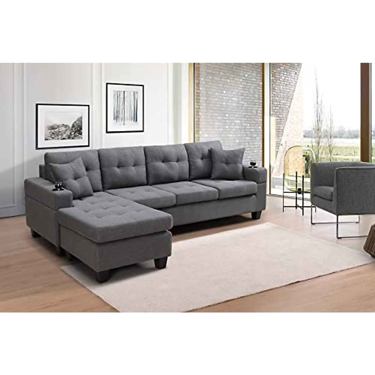 BIADNBZ Modern Sectional Sofa with Reversible Chaise Lounge and Two Cupholders, L-Shape 4-Seat Couch Furniture for Living Room Apartment, w/2 Pillows, Gray