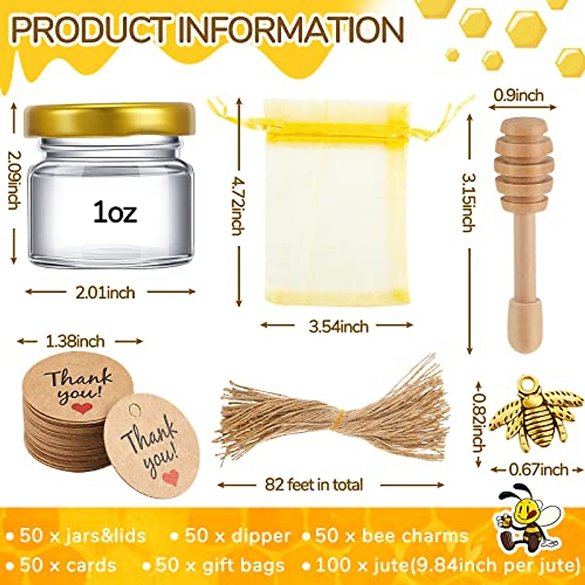 50 Pcs 1oz Small Glass Jars with Lids Mini Honey Jars with Wood Dipper, Bee Charms, Golden Gift Bags, Jutes, and Tags, Jars with Golden Lids for Baby Shower, Wedding, and Party Favors