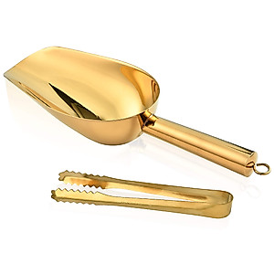 Stainless Steel Ice Scoop and Ice Tongs, Akamino Small Round Bottom Bar Ice Flour Utility Scoop & Buffet Clip Kitchen Bar BBQ Party Wedding, Gold