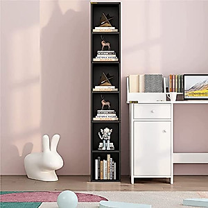 MIN WIN 6-Tier Wooden Tall Narrow Open Bookcase and Bookshelves, 68.5" Modern Freestanding Cube Display Storage Organizer Shelf, Corner Bookcase Narrow Bookshelf with Storage Space, Black