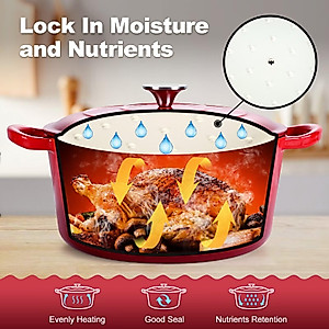 6 Quart Enameled Dutch Oven with Lid, P&P CHEF 6 Qt Cast Iron Dutch Oven Pot, Enamel Round Dutch Oven Cooking Stock Pot for Braising, Stewing, Roasting, Baking, Various Stoves & Oven Safe (Red)