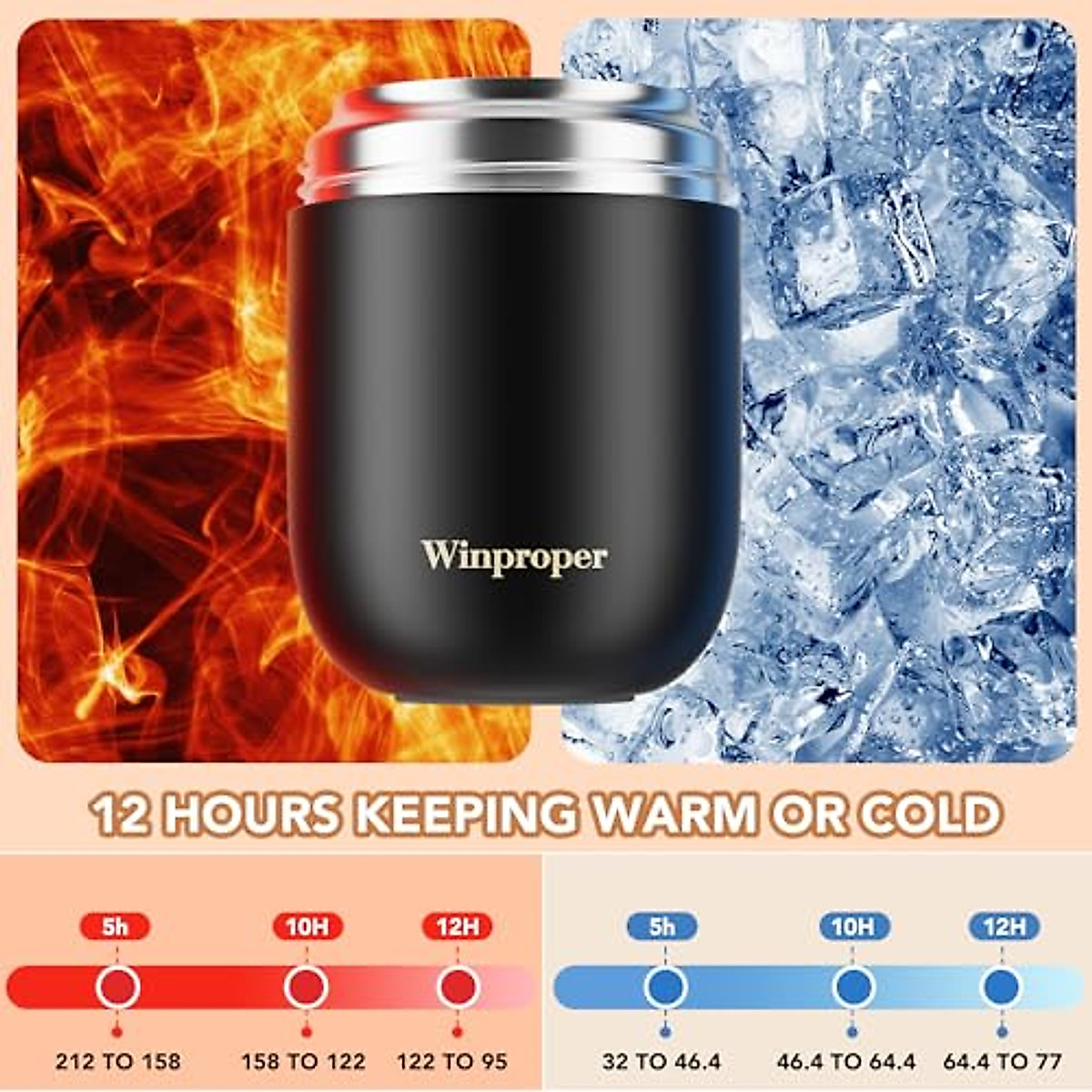 Winproper 16OZ Food Container for Hot Food, Airtight Insulated Food Jar for Adult & Kids, Stainless Steel Vacuum Lunch Container, Kids Lunch Cup with Spoon, School, Office, Picnic, Outdoor, Black