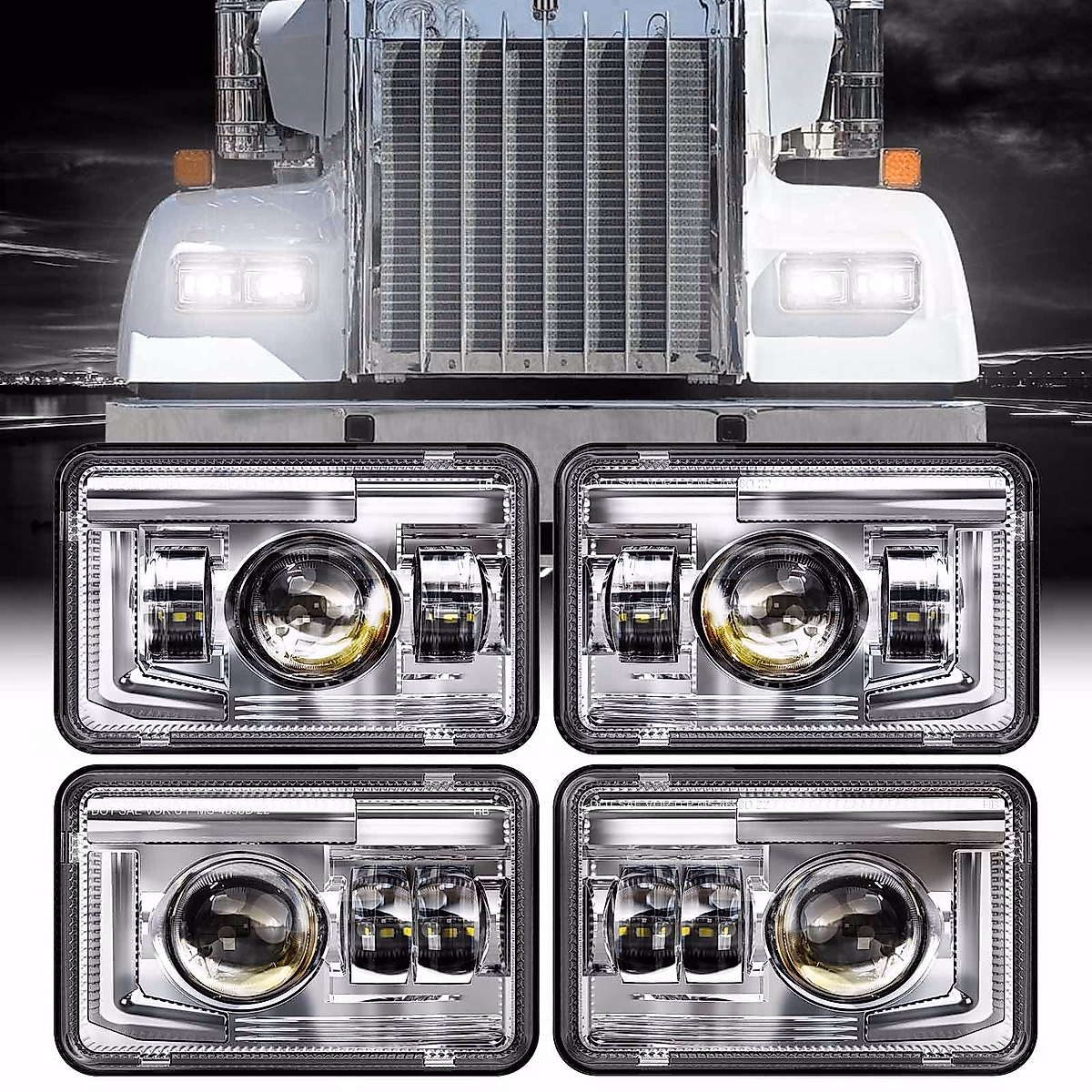 Z-OFFROAD DOT Approved 4x6 LED Headlights Assembly Hi/Lo Sealed Beam Compatible with KW T800 T600 Peterbilt 379 Freightliner Chevy Oldsmobile Cutlass H4651 H4652 H4656 H6545 H4666, 4PCS-Chrome