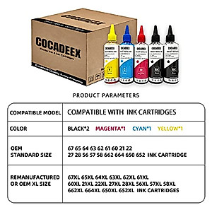 COCADEEX 500ml Ink Refill Kit Compatible with Ink Cartridges 67XL 65XL 64XL 63XL 62XL 67 65 64 63 62