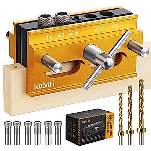 Kolvoii Self Centering Doweling Jig, Dowel Jig Kit Width Adjustable for Straight Holes Biscuit Joiner Tools with 3 High Speed Steel Drill Bits, 6 Drill Guide Bushings(Gold)