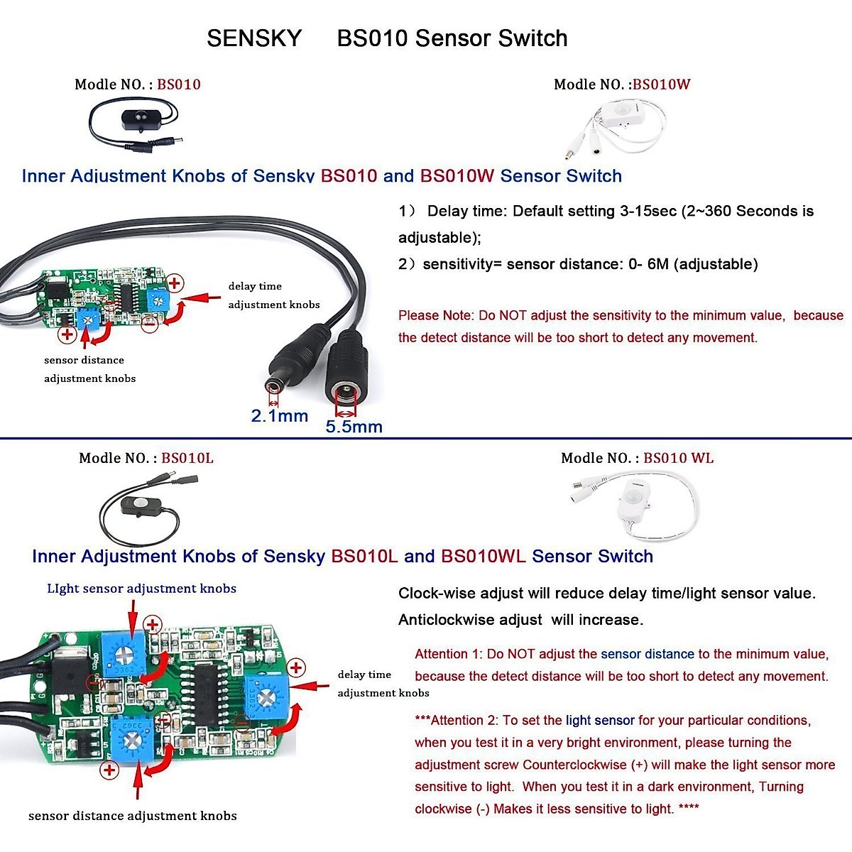 Sensky BS010W DC 12v to 30v PIR Motion Activated Sensor Switch DIY LED Lighting ( Delay Time, Sensor Distance Adjustable )