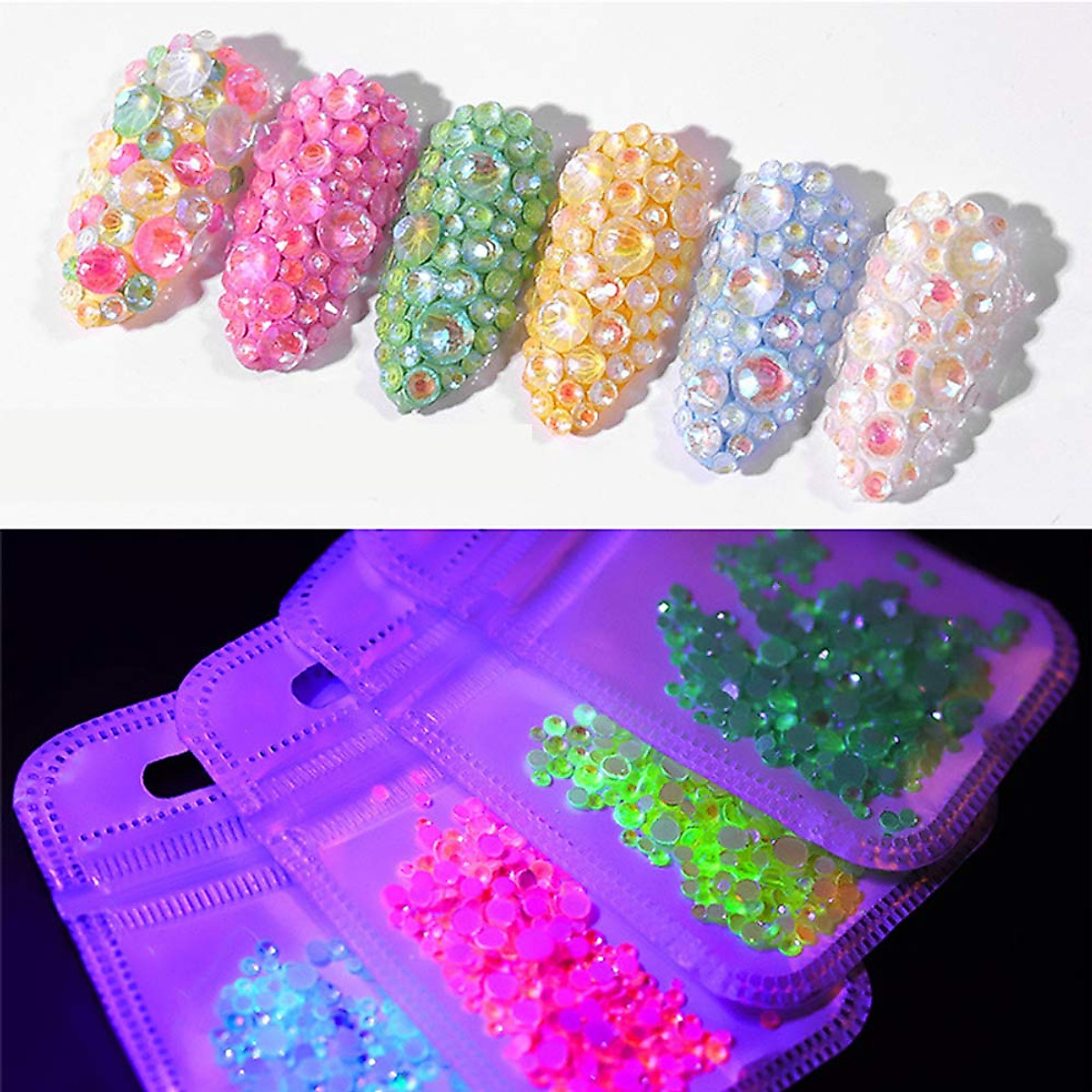 HERIS 8 Pack Mixed Glow Nail Art Rhinestones Fluorescent Diamonds Decorations Accessories Décor Crystals Gems for DIY Manicure
