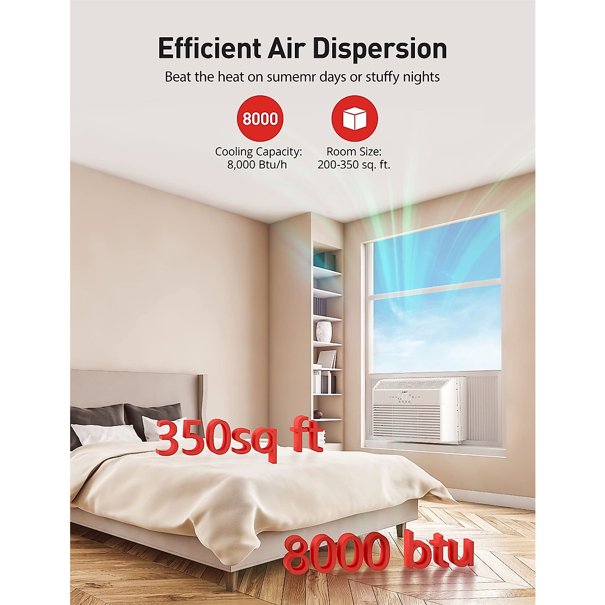 Window Air Conditioner, 8,000 BTU AC Unit for Room Window-Mounted AC with 4 Fan Speeds 5 Modes 24-Hour On/Off Timer Quiet Sleep Mode Remote Control AC Cooler up to 350 sq. ft