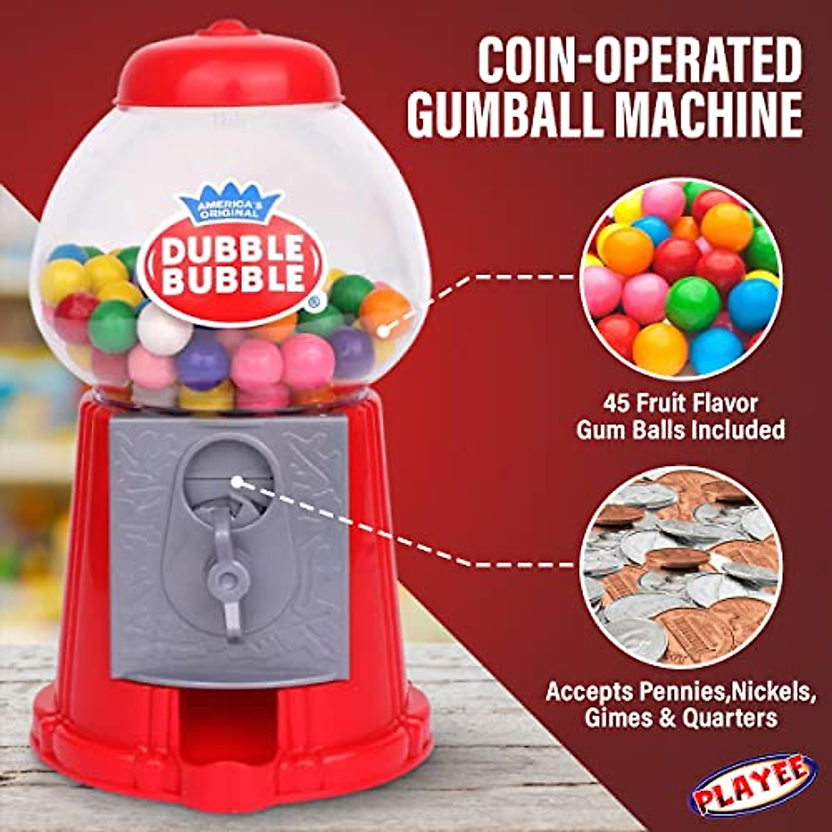 PLAYEE Classic Style Gum Machine – Gumball Machine for Kids – Candy Bank with 45 Colorful Gum Balls – 8.5” Candy Dispenser for Boys and Girls