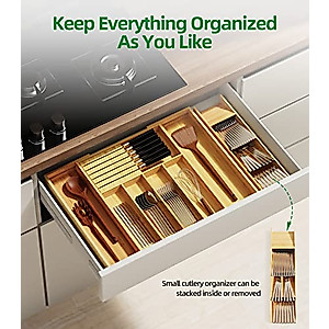 Delamu Expandable Silverware Organizer with Cutlery Organizer in Drawer, Flatware Utensil Organizer with Knife Organizer, Bamboo Kitchen Drawer Organizer for Large Utensils, Silverware Tray for Drawer