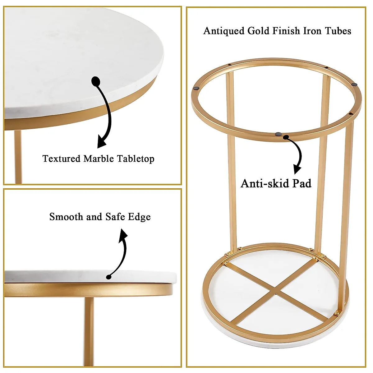 RiteSune Round C Shaped End Snack Side Table Slide Under Couch with Marble Top for Sofa Coffee Laptop Living Room Bedroom Small Space, 16" D x 24" H