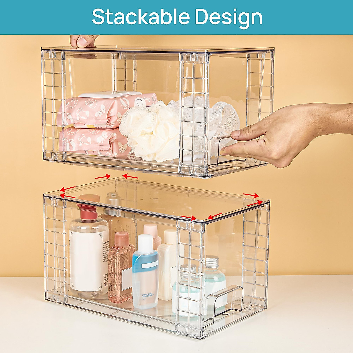 Vtopmart 4 Pack Large Stackable Storage Drawers,Clear Acrylic Drawer Organizers with Handles, Easily Assemble for Bathroom,Kitchen Undersink,Cabinet,Closet,Makeup,Pantry organization and Storage