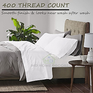 Extra Deep Pocket Sheets (4-Piece) 100% Egyptian Cotton 400 Thread Count Bed Sheet Set 22 inch Deep Pocket of Fitted Sheet with Elastic All Around (Queen, White Stripe)