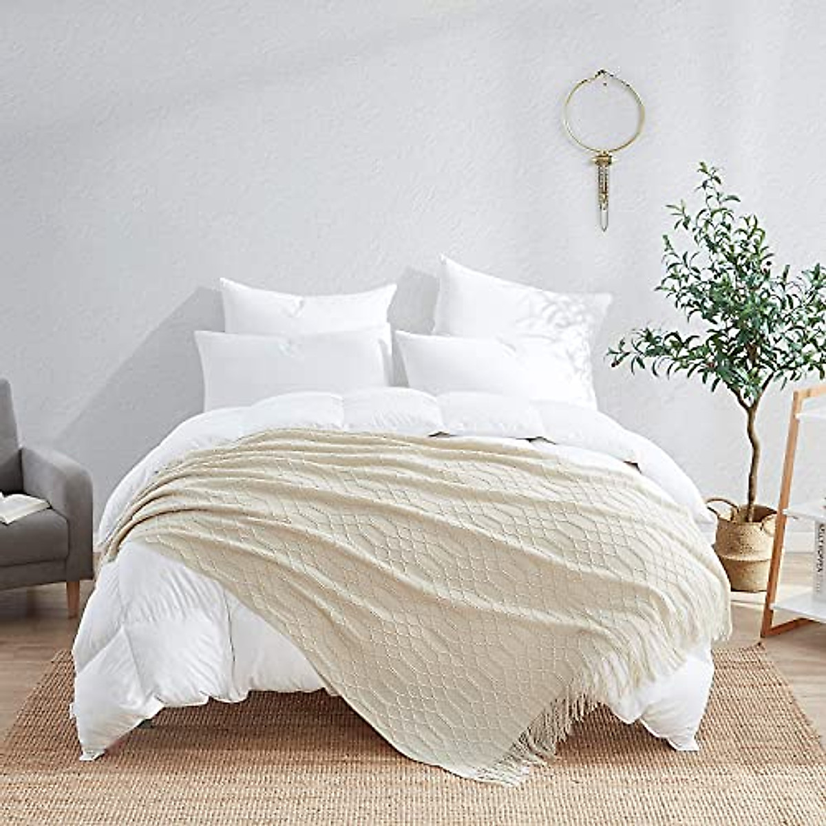 MOLLY ROCKY 100% Acrylic Knitted Throw Blanket Textured Solid Soft Decorative Throw for Sofa,Couch,Bed,50x60 Inch,Beige