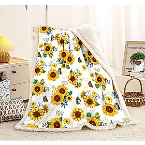 Sunflower Blanket Sunflower Gifts for Women Throw Blanket,Sunflower Gifts Bedding Decor White Throw Blanket,Sunflower Stuff Decorations Warm Soft Sherpa Thick Blanket for Bed Sofa Office