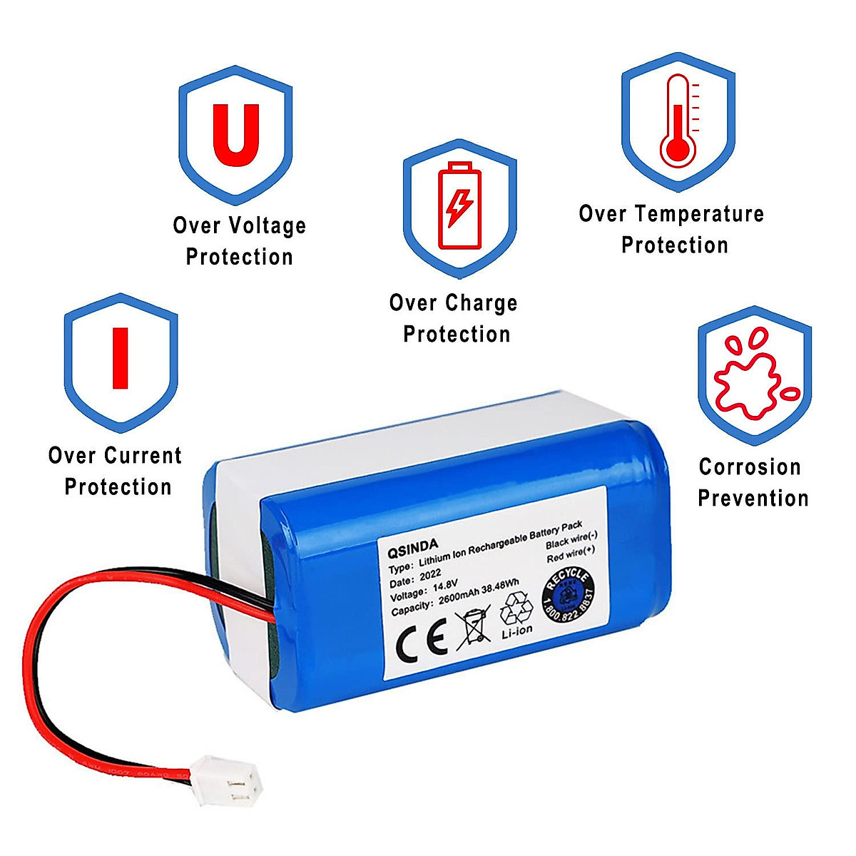 Replacement Battery Pack for Shark Ion Robot RVBAT850 Battery for RV700_N, RV720_N, RV725_N, RV761, RV850, RV850BRN, RV850C, RV850WV, RV851WV, RV871, RV871C 2 Prong 14.4V 2600mAh