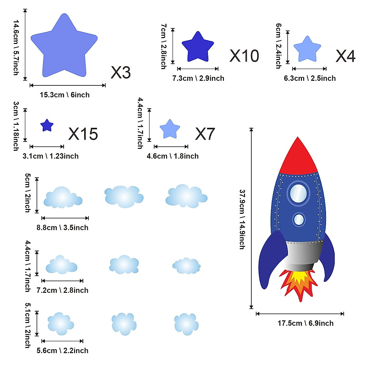 Large Rocket and Star Wall Decals, Outer Space Wall Stickers, Peel and Stick Removable Star Sticker, Art Decor for Kids Boys Bedroom Nursery Living Room,Playroom Classroom Decoration