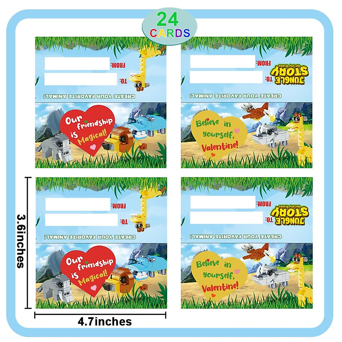 WODMAZ 24 Packs Safari Animal Building Blocks with Valentines Day Cards for Kids, Safari Animal Toys Set for Valentines Classroom Exchange Cards and Valentines Party Favor