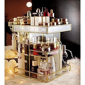 360 Degree Rotation Makeup Organizer Antique Countertop Cosmetic Storage Box Mirror Glass Beauty Display, Gold Spin Large Capacity Holder for Brushes Lipsticks Skincare Toner