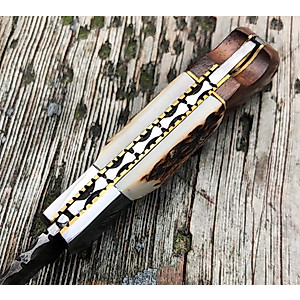 WINTERFELL Personalized Damascus Steel Pocket Folding Knife Stag Antler Handle 6.5", Customized Gift for Husband Dad, Custom Groomsmen Gifts, Best Man Gifts for Wedding