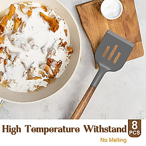 Umite Chef Silicone Cooking Utensil Set, 8-Piece Kitchen Utensils Set with Natural Acacia Wooden Handles,Food-Grade Silicone Heads-Silicone Kitchen Gadgets and Spatula Set for Nonstick Cookware - Grey