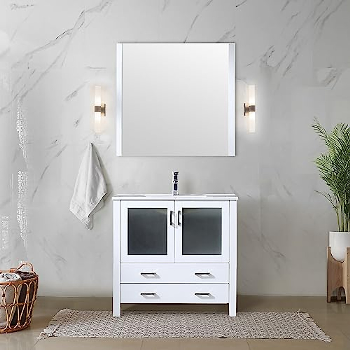 Bell+Modern Harborfront 36 in W x 18.25 in D White Bath Vanity with Side Cabinet, White Ceramic Top, and 22 in Mirror