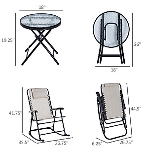 Outsunny 3 Piece Outdoor Rocking Chair Set, Patio Folding Lawn Rocker Set with Glass Coffee Table, Headrests for Yard, Patio, Deck, Backyard, Cream White