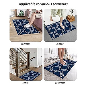 Front Entrance Floor Mats, Non Slip Bathroom/Kitchen Mat Absorbent Durable Small Rugs, Navy Geometric Moroccan Tile Pattern Door Mat Indoor/Outdoor Carpet Shoes Scraper 20x32 inch