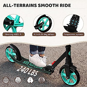 WAYPLUS Kick Scooter for Ages 6+,Kid, Teens & Adults. Max Load 240 LBS. Foldable, Lightweight, 8IN Big Wheels for Kids, Teen and Adults, 4 Adjustable Levels. Bearing ABEC9