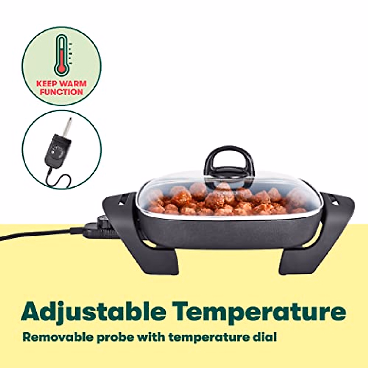 BELLA Electric Skillet and Frying Pan with Glass Lid, Nonstick Coating, Cool Touch Handles, Removable Heating Probe, Dishwasher Safe, 12 x 12 inch, Black