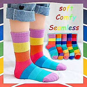 hakugoo Kids Crew Socks Seamless Boys Girls Rainbow Stripes Socks Cotton Athletic Socks 6-8 Years Unisex Cute Fun Socks Boot Socks 5 Pairs (Set C,M)