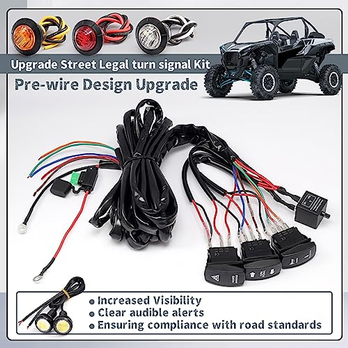 Erchon Pre-wired ATV UTV Turn Signal Horn Kit,Universal Street Legal Kit Warning Light Rocker Switch Kit with 1Horn Reverse Lights Flasher Relay Fuse,blinker kit for UTV ROV ATV Golf SXS