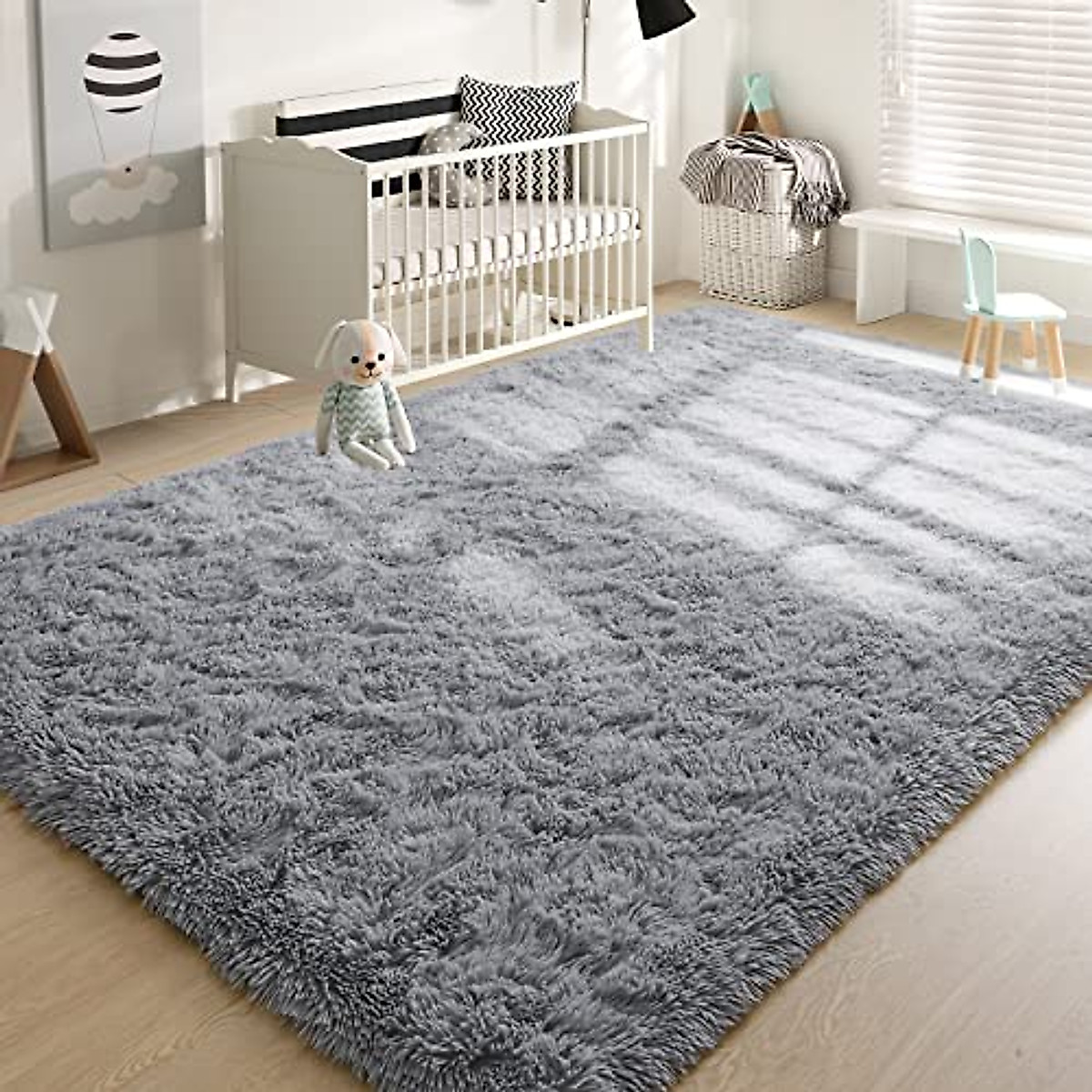 YJ.GWL Super Soft Shag Rugs Fluffy Carpets, Grey Area Rug for Living Room Bedroom Girls Kids Room Nursery Dorm Home Decor, Non-Slip Plush Indoor Floor Bedside Rug for Toddler's Room, 4x5.3 Feet