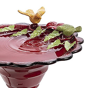 Alpine Corporation 28" Tall Outdoor Metal Birdbath with Birds and Leaves Yard Statue Decoration, Red
