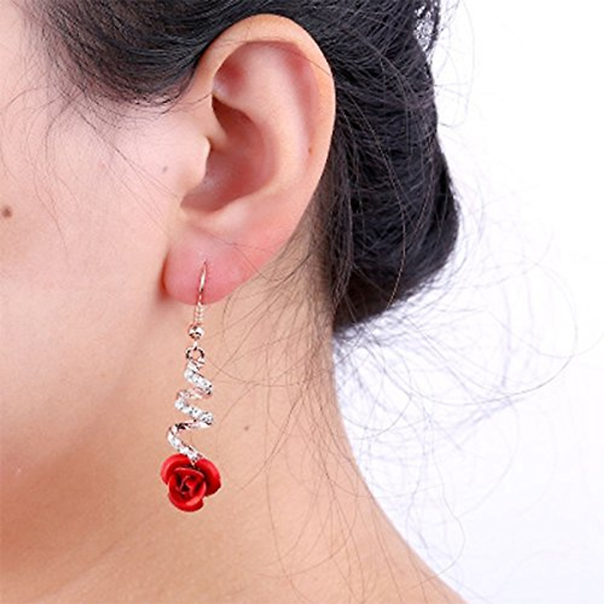Vintage Red 3D Rose Drop Earrings For Women Statement Dangle Earrings With Crystal Rhinestone Valentine's Day Gift