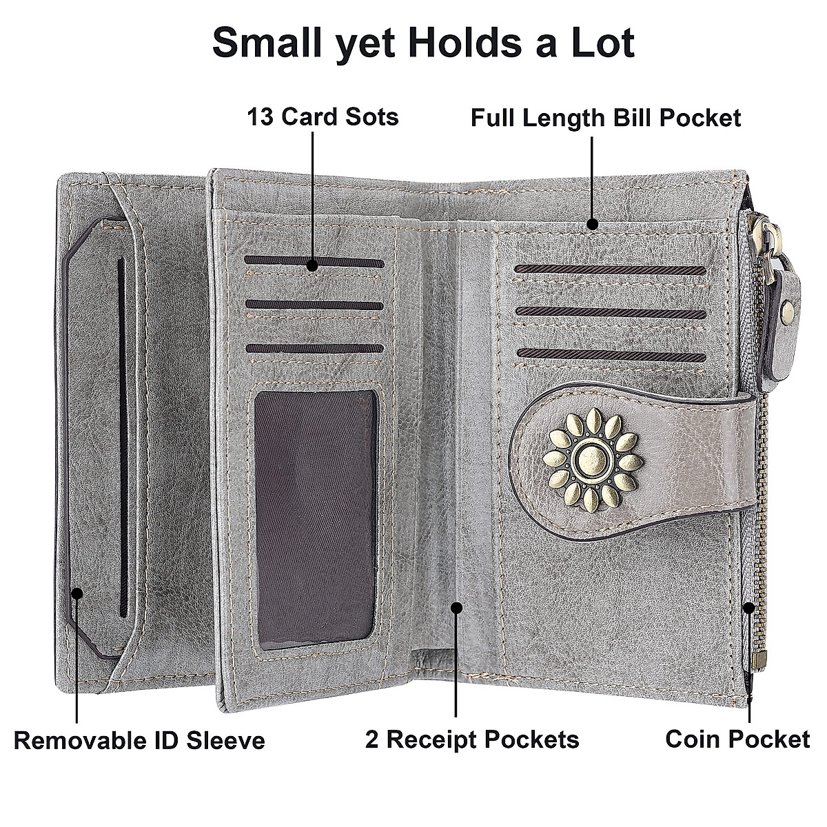 Lavemi Womens Leather Wallet Small Compact RFID Blocking Credit Card Case Purse with Zipper Pocket(Gray)