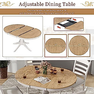 Tensun Dining Table Set, 5-Piece Retro Functional Dining Table Set, Wood Round Extendable Kitchen Table and 4 Upholstered Dining Chairs with Backrest for Kitchen, Living Room, Off White