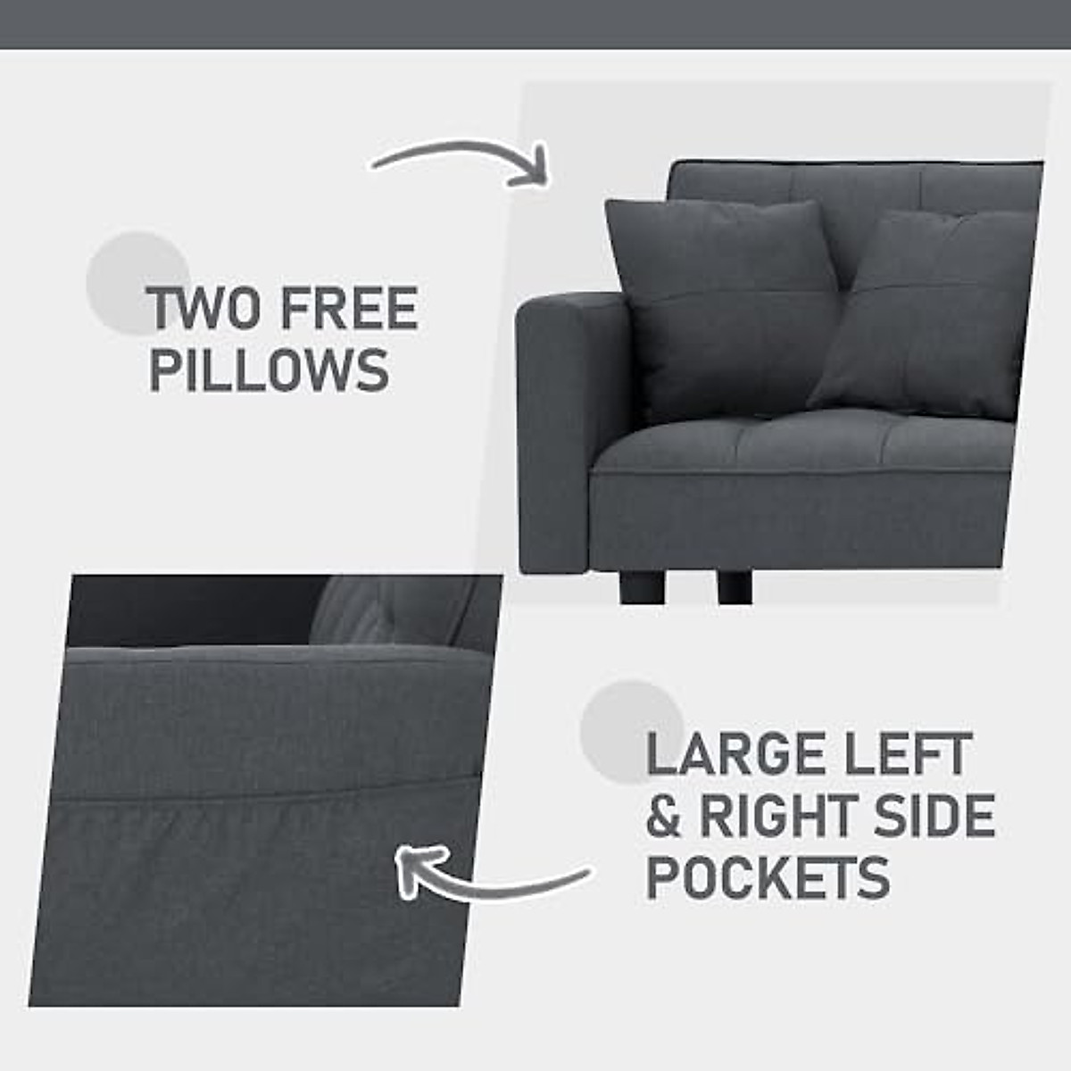 AVAWING Futon Sofa Bed, Modern Linen Fabric Convertible Upholstered Couch with Adjustable Back, Arms and High Strength Nylon Legs for Living Room, Apartment, Office (Grey)