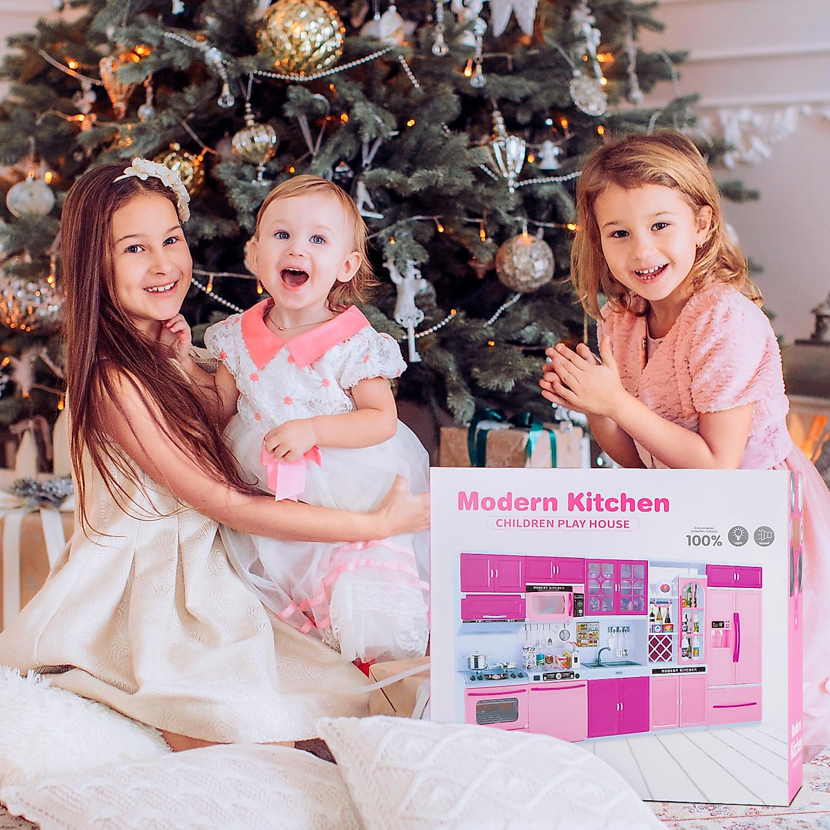 Mastom Kitchen Playset for Girls, Play Kitchen Toys for Dolls with Realistic Lights & Sounds, 56PCS Kids Pretend Play Kitchen Toy Accessories, Gifts for Toddlers Girls 3 4 5 6 Year Old