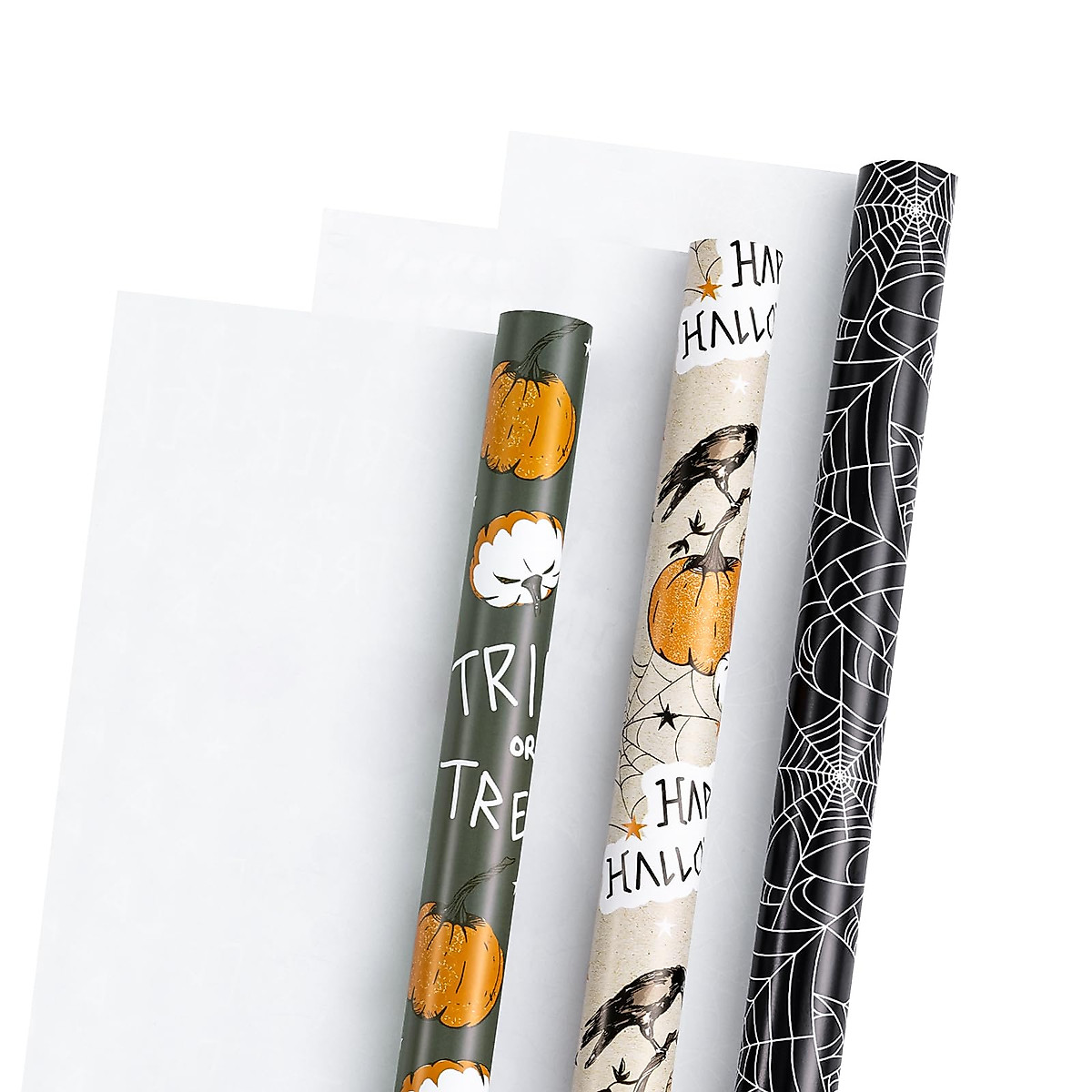 LeZakaa Halloween Wrapping Paper Roll - Mini Roll - Spooky Design with Pumpkins, Ravens, Spider Webs for Gift Wrap, DIY Craft - 17 x 120 inches - 3 Rolls (42.5 sq.ft.ttl.)