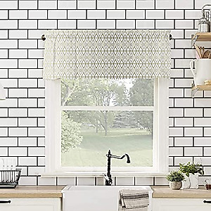 Amaze-Home Curtain Valances for Windows, White Gold Line Window Valances, Geometric Window Treatment Rod Pocket Valance Curtains for Kitchen/Bedroom/Bathroom 42x12 inch, 1 Panel