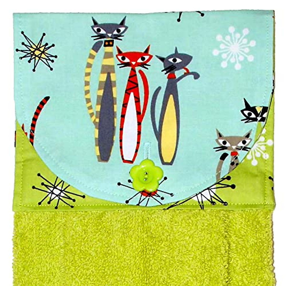 Hanging Hand Towel - Mod Cats On Aqua with Green Starburst Accent Fabric - Plush Green Kitchen Towel