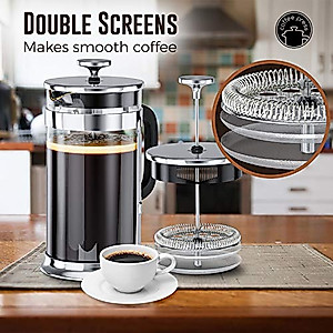 coffee press French Press Coffee Maker with 2 Extra Screens, 34oz, French Press Stainless Steel 304 Grade, Easy Disassemble Design Double Filter, Thick Heat Resistant Glass Pot