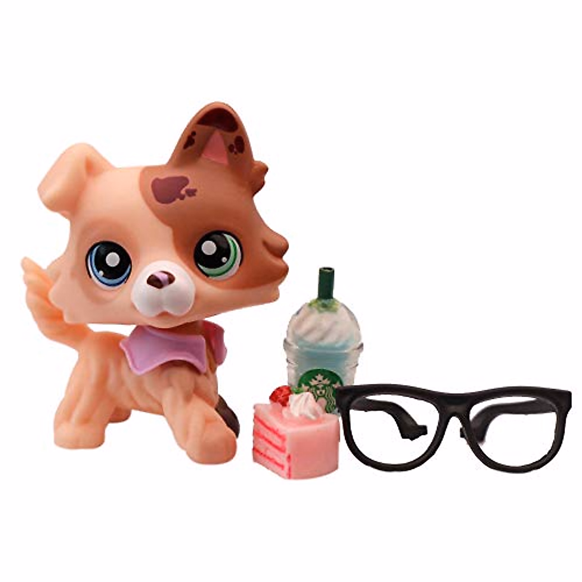 lpsloverqa Butter Collie Yellow and Brown 2 Different Eyes Erect Ears Custom Made OOAK Pets with Accessories Lot Dog Figures Collection Boys Girls Kids Gift Set (Butter Yellow)