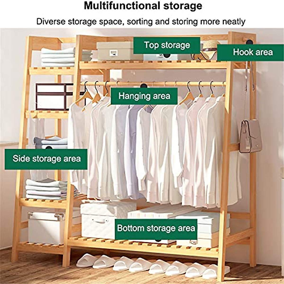 ZJDU Bamboo Garment Coat Clothes Hanging Rack,with Top Shelf and Shoe Clothing Storage Organizer Shelves, for Home Office Hallway Bedroom,110×42×140cm